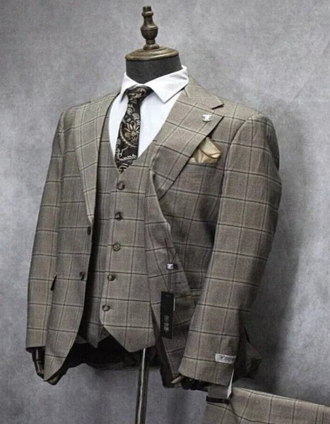 34 Mens Two Button Notch Lapel Plaid Pattern Suit Tan ~ Brown