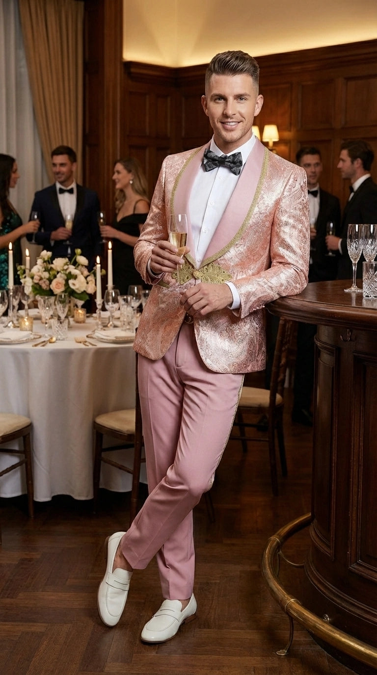 34 Men’s Rose Gold Pink Prom Tuxedo Suit – Slim Fit Paisley Pattern ...