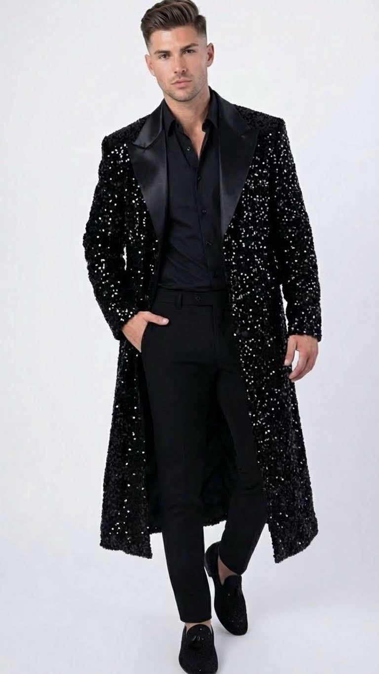 Coat Men’s Black Sequin Long Coat with Satin Shawl Lapel – Luxury ...