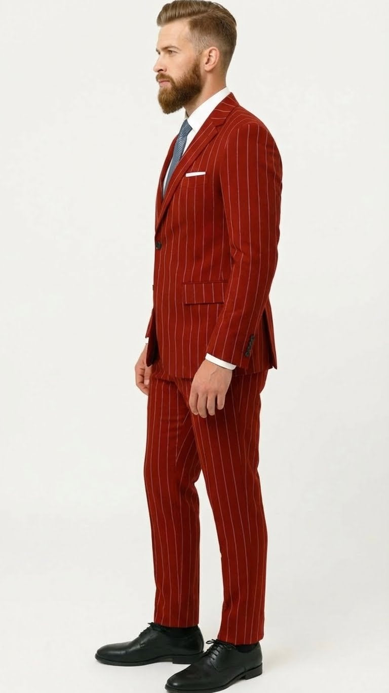 34 Men’s Red Pinstripe Suit – Stripe Two-Button Vested Suit 2 Buttons