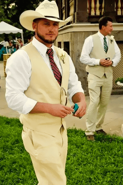 36 Men 2 Button Cowboy Trim in Tan Suit - Country Wedding Suits