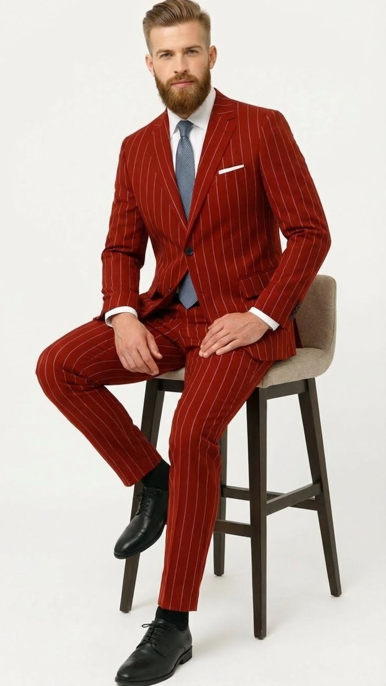 34 Men’s Red Pinstripe Suit – Stripe Two-Button Vested Suit 2 Buttons