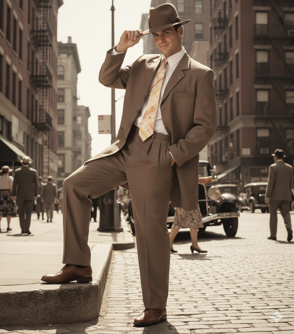 34 Men’s 1920s Tan Zoot Suit with Fedora Hat and Wingtip Shoes ...
