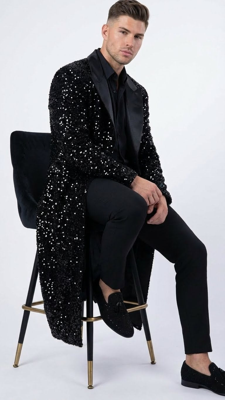Coat Men’s Black Sequin Long Coat with Satin Shawl Lapel – Luxury ...