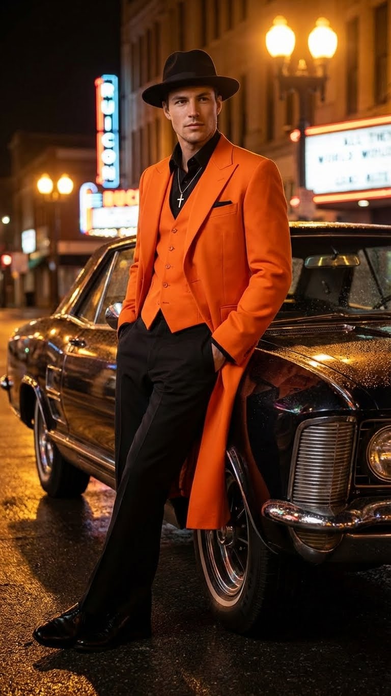 34 Men’s halloween Custome Orange Long Zoot Suit Set With black Shirt ...