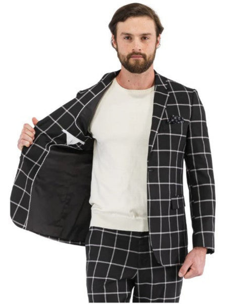 46 Mens Plaid Suits - Windowpane Pattern With Vest -Business Suit Black