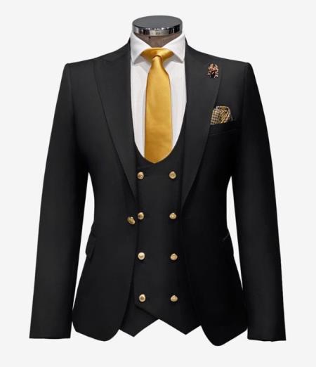 34 Black Mens Double Breasted Slim-fit Suit With Gold Buttons 46 Long ...
