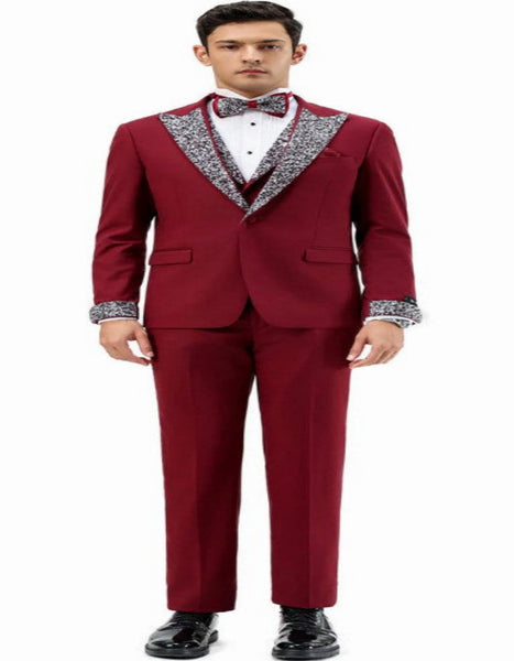 34 Burgundy Prom Tuxedo - Perfect Wedding Suit Vested Rhinestone Lapelled