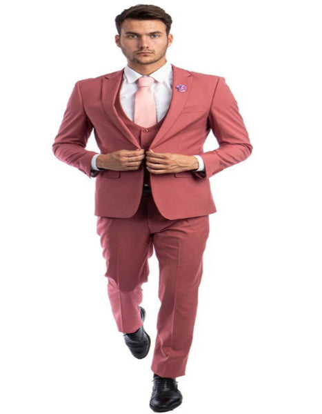 34 Men's One Button Peak Lapel Solid Vest in Coral Pink Slim Fit Suit
