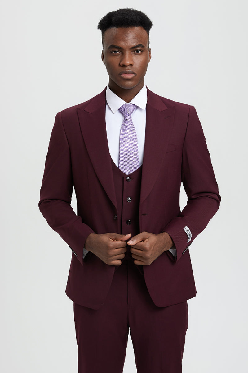 34 Men's Vested One Button Peak Lapel Stacy Adams Designer Suit in Burgundy