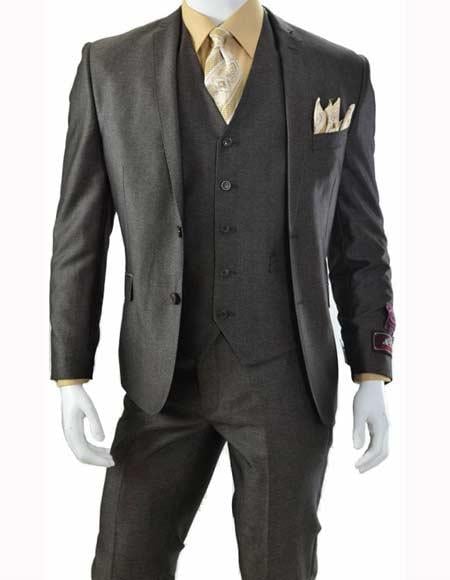 36 Men's Brown Three Piece Slim Fit 5 Button Vested Suit
