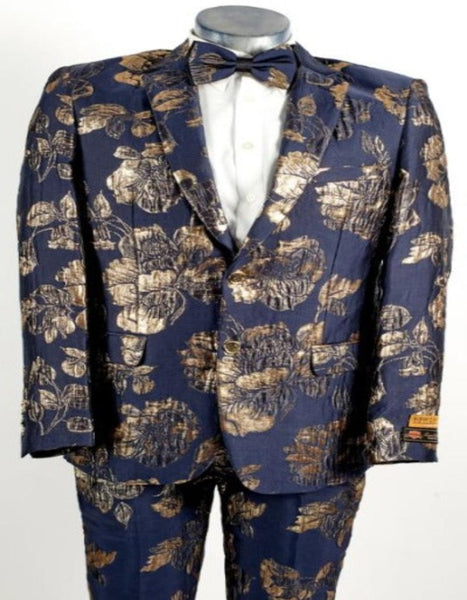 S Mens Flower Suit - Floral Suit Mens 2 Button Peak Lapel Navy Blue And ...