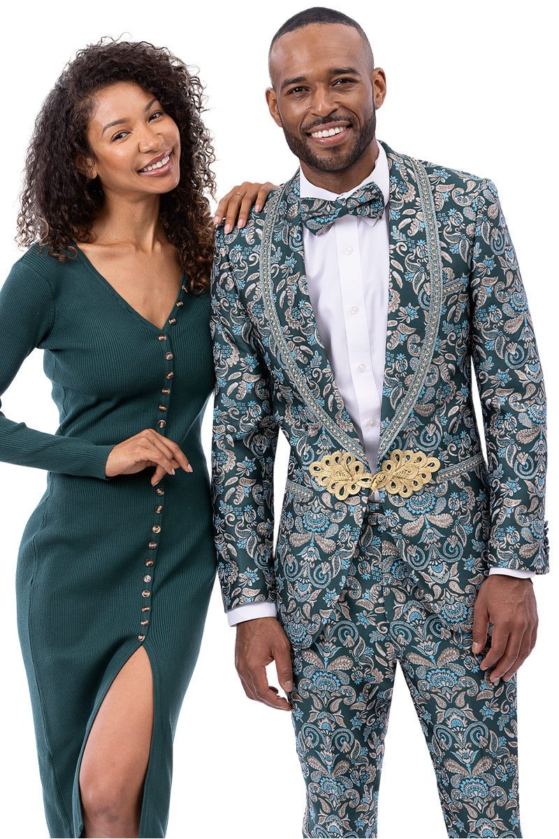 34 Men's Designer Turquoise Brocade Floral Print Wedding & Prom Tuxedo ...