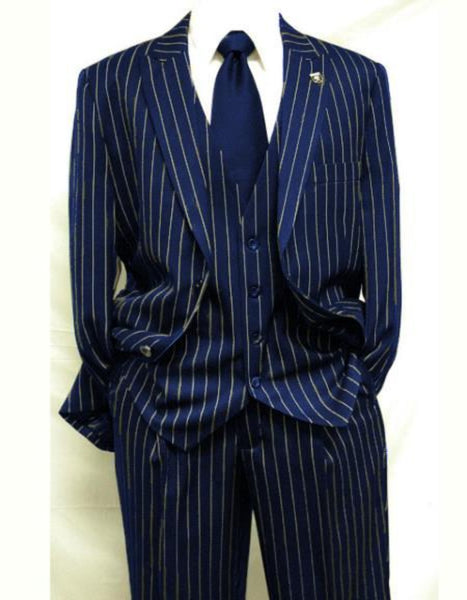 44 Men’s Gangster-Style Navy Pinstripe Suit – Mars Vested Suit with Peak Lapel