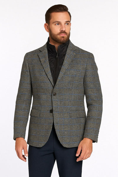 36 Mens Grey and Blue Glen Check Wool Blazer with Quilted Inner Layer