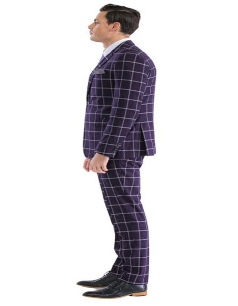 42 Mens Plaid Suit - Windowpane Pattern With Vest - Business Suit Burgundy