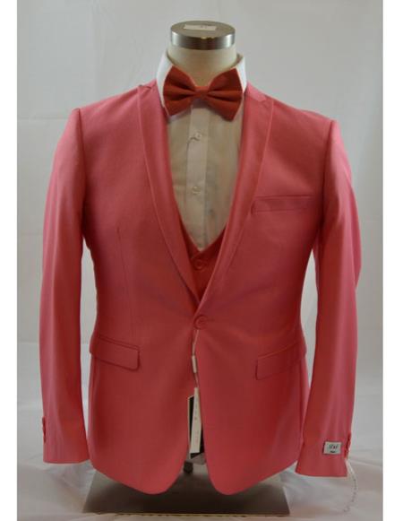 42 Men's 1 Button Peak Lapel Vested Salmon ~ Coral Color Suit Peak ...