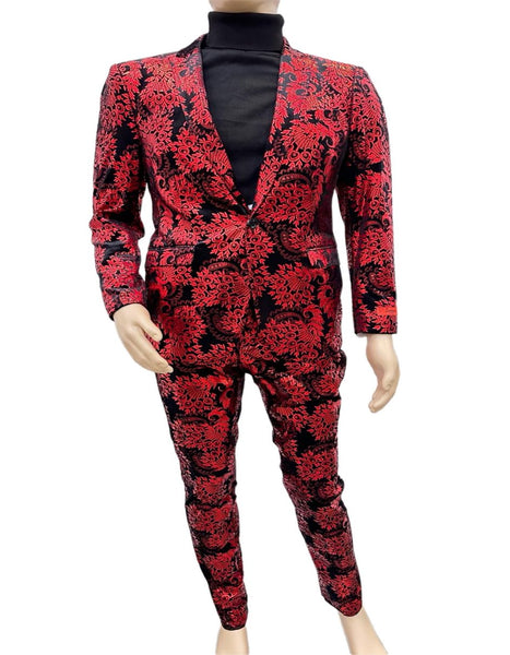 34 Paisley Suit - Black and Red Prom Suit - Slim Fit Stage Suit