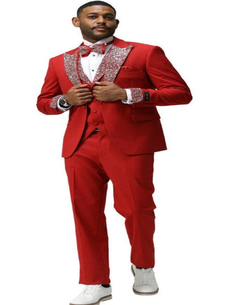 34 Red Prom Tuxedo - Perfect Wedding Suit Vested Rhinestone Lapelled
