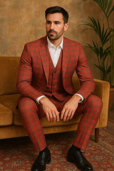 42 Mens Red and Grey Plaid 3-Piece Suit with Vest - Modern Fit Peak ...