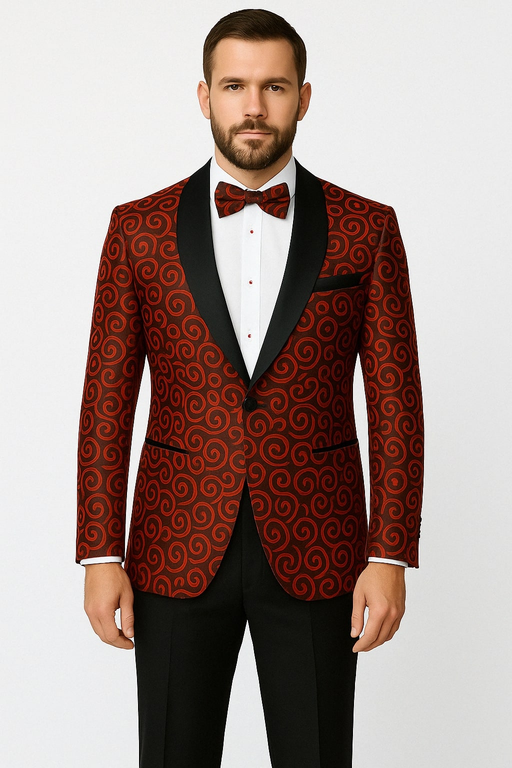 54 Red and Tuxedo Black Suit Mens Formal Blazer with Satin Shawl Lapel