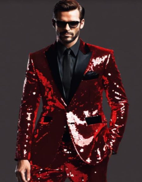 38 Mens Sequin Suit - Red Tuxedo - Party Suits - Stage Suit