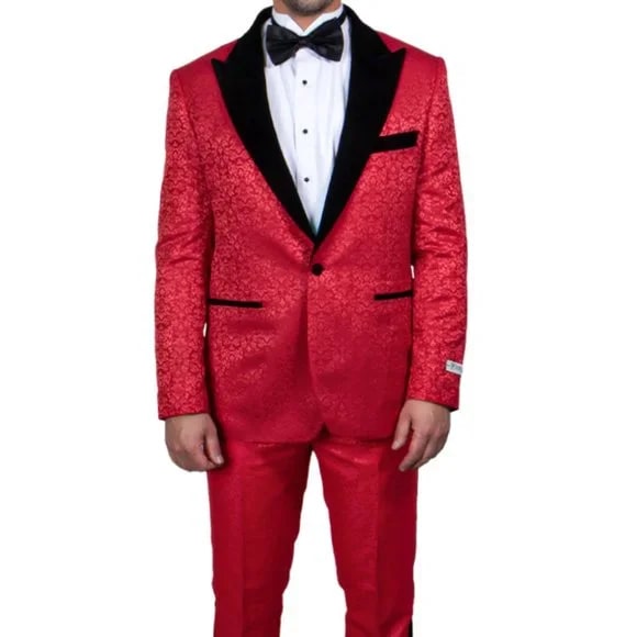 38 Exclusive Stacy Adams Velvet Paisley 2-PC Tuxedo Suit, Red and Black