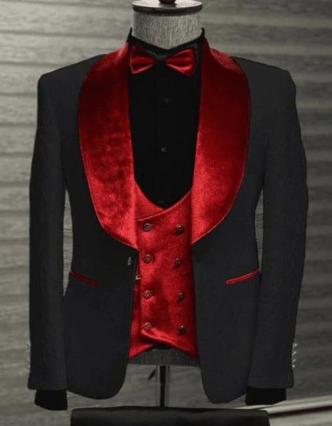 38 Black And Red Velvet Lapel Tuxedo - Red Wedding Tuxedo - Two Toned