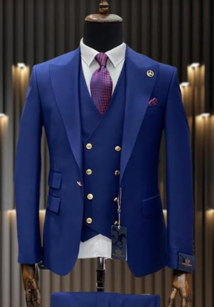 54 Rossiman Brand Royal Blue Suits - 1 Button Suit Peak Lapel Double ...