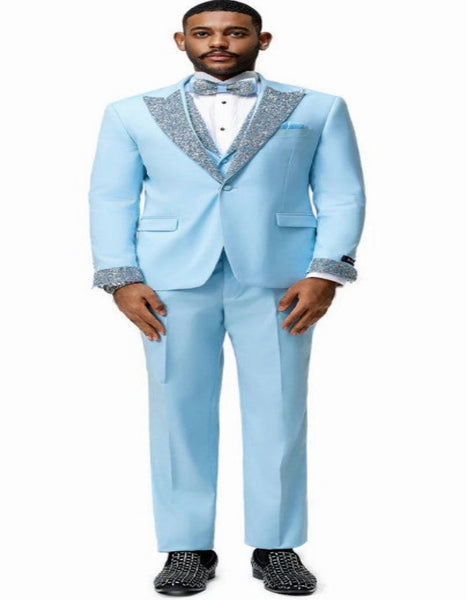 34 Sky Blue Prom Tuxedo - Perfect Wedding Suit Vested Rhinestone Lapelled