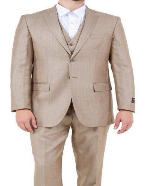34 Mens Stone Tan Sharkskin 3 Piece Single Breasted Suit
