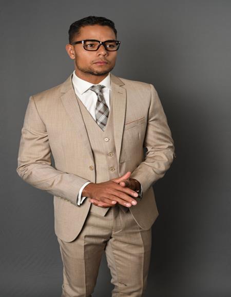 42 Tan Two Button Vested Tapered Skinny Slim Fit Suit