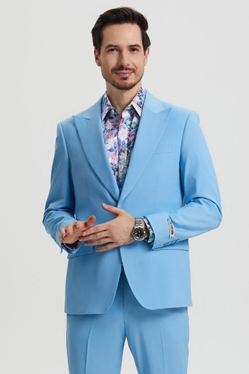 34 Men's Vested One Button Peak Lapel Stacy Adams Designer Suit in Sky Blue
