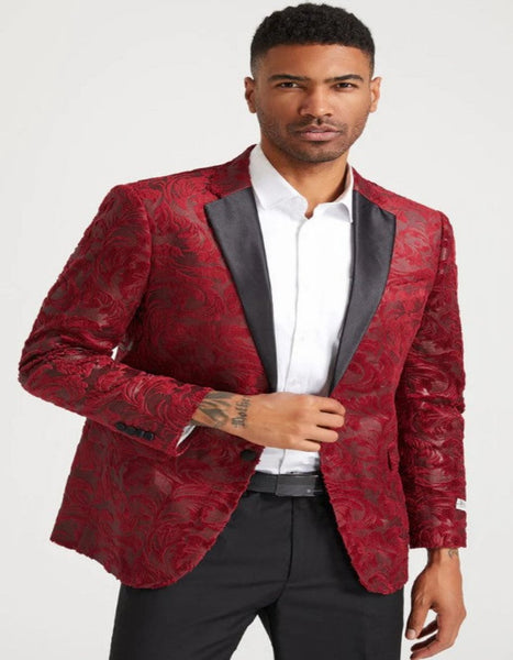 34 Mens Notch Label Paisley Velvet Prom and Wedding Tuxedo Jacket in Red