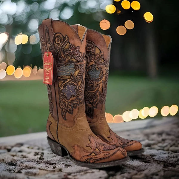 6 Botas Altas de Cuero Cincelado Original para Mujer en Horma Oval