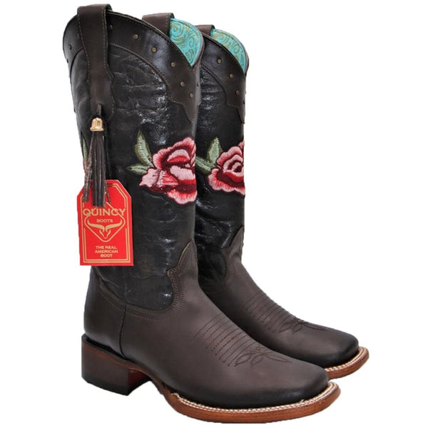 13 Botas de Cuero con Rosas para Mujer en Horma Rodeo Chocolate