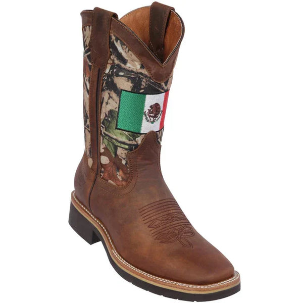 6 Botas de Cuero Horma Cuadrada Ancha con Bandera de Mexico