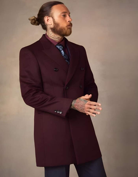 Coat Men's Double Breasted Burgundy ~ Wool men's Car Coat Mid Length ...