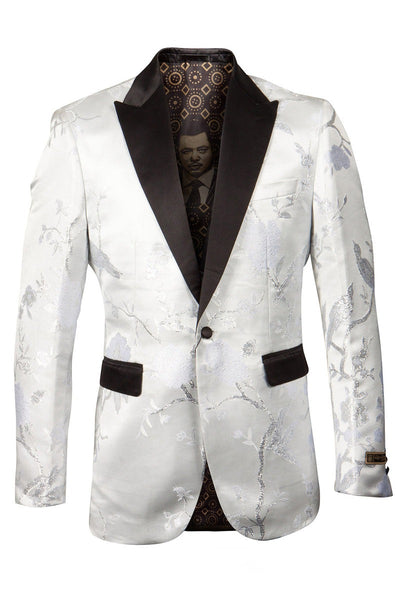 46 Men's Shiny Floral Satin Print Prom & Wedding Tuxedo Jacket in White ...