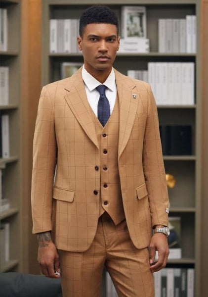 44 Stacy Adams Mens Windowpane Suit Cognac Rust