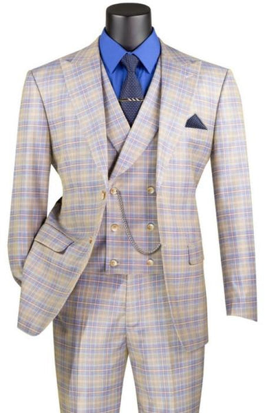 38 Blue Plaid Suit - Vested Suit - 3 Piece Suits - Peak Lapel Suits ...
