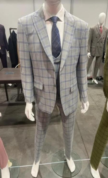 34 Peak Lapel Suit - Plaid Suit - Windowpane Pattern Color Suit - Gray ...