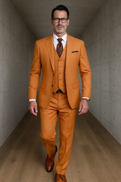 42 Mens 2 Button Slim Fit Vested Wool Suit in Rust