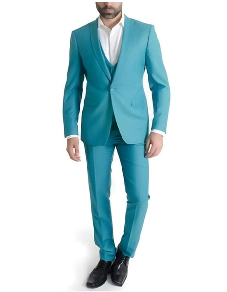 46 Mens Slim Fit Vested Suit - Slim Fit 3 Pieces Turquoise Suit - RET208-19