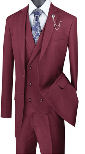 34 Burgundy Square Plaid Men's Suit 3 Piece Burgundy Suit