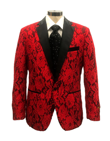 XS Mens Flower Pattern Lace Blazer in Red - Wedding - Prom
