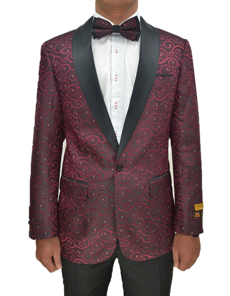 M Mens Swirl & Diamond Pattern Tuxedo Jacket in Burgundy & Black
