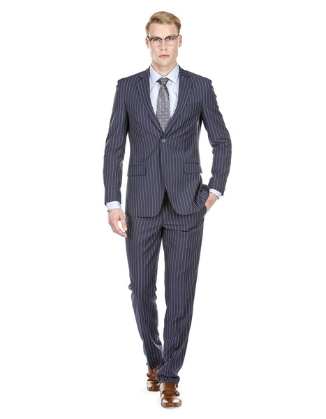 34 Mens Modern Fit Gangster Pinstripe Suit Navy Blue