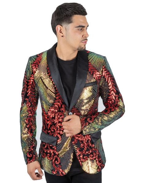S Mens Red & Gold Paisley Sequin Prom Blazer Tuxedo
