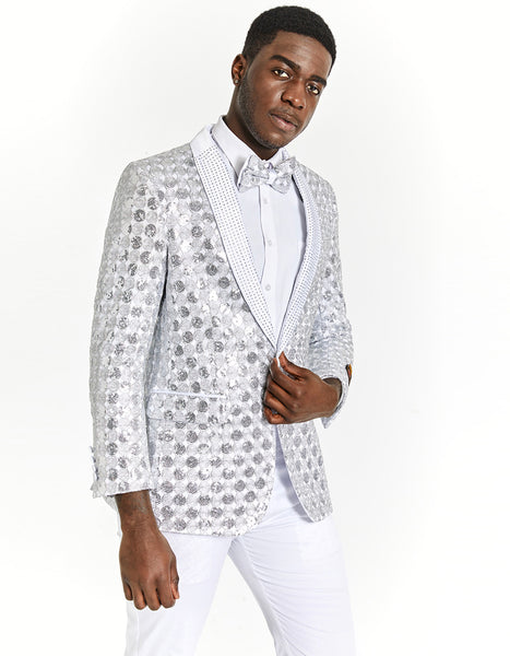 7X-Large Mens Slim Fit Shiny Silver Sequin Prom Tuxedo Blazer With ...